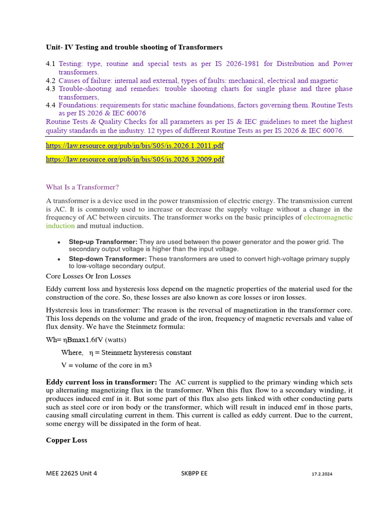 Unit 4 MEE | PDF | Transformer | Electric Power