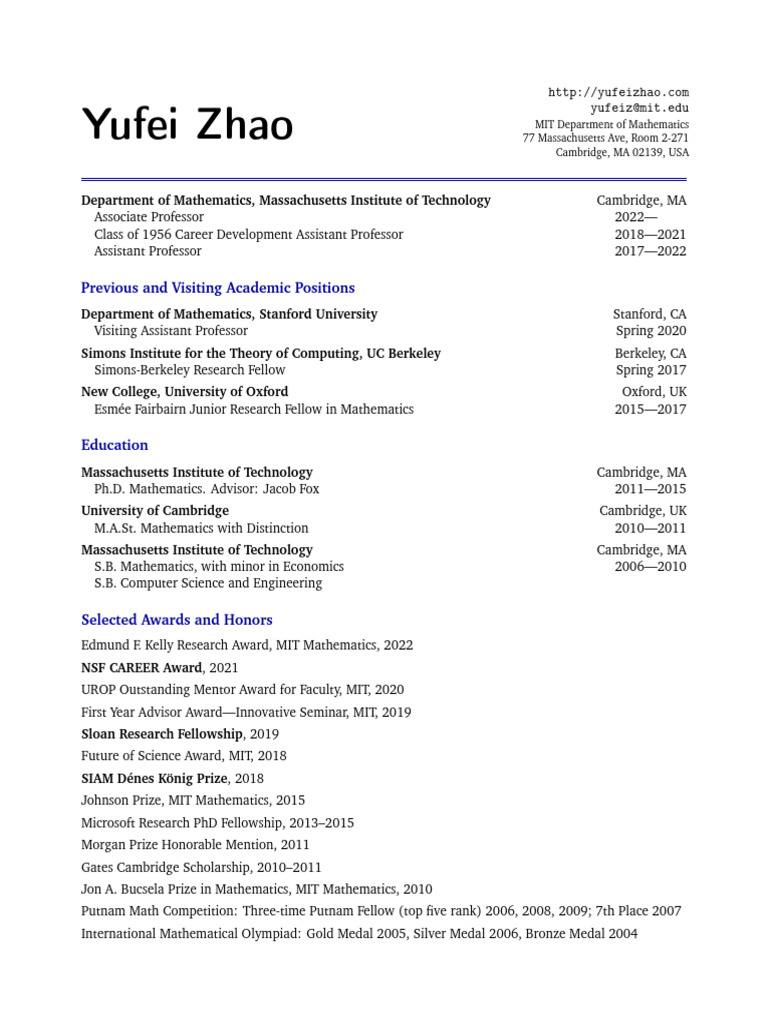 Yufei Zhao: Previous and Visiting Academic Positions | PDF