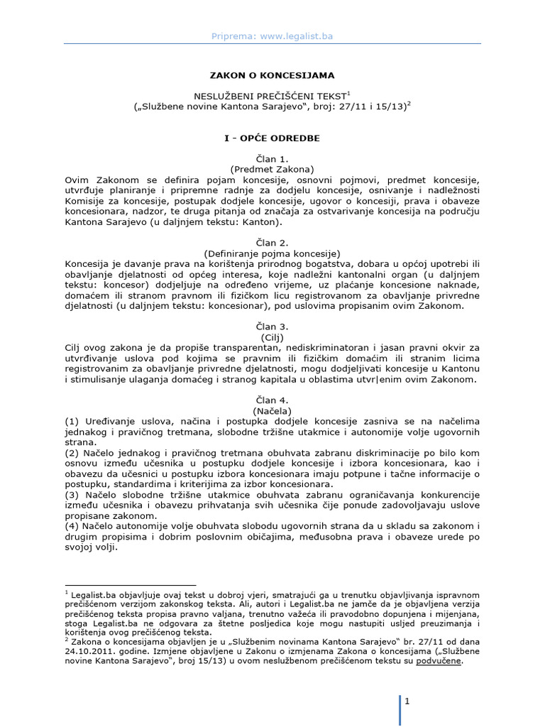Zakon o Koncesijama KS Nesluzbeni Precisceni Tekst | PDF