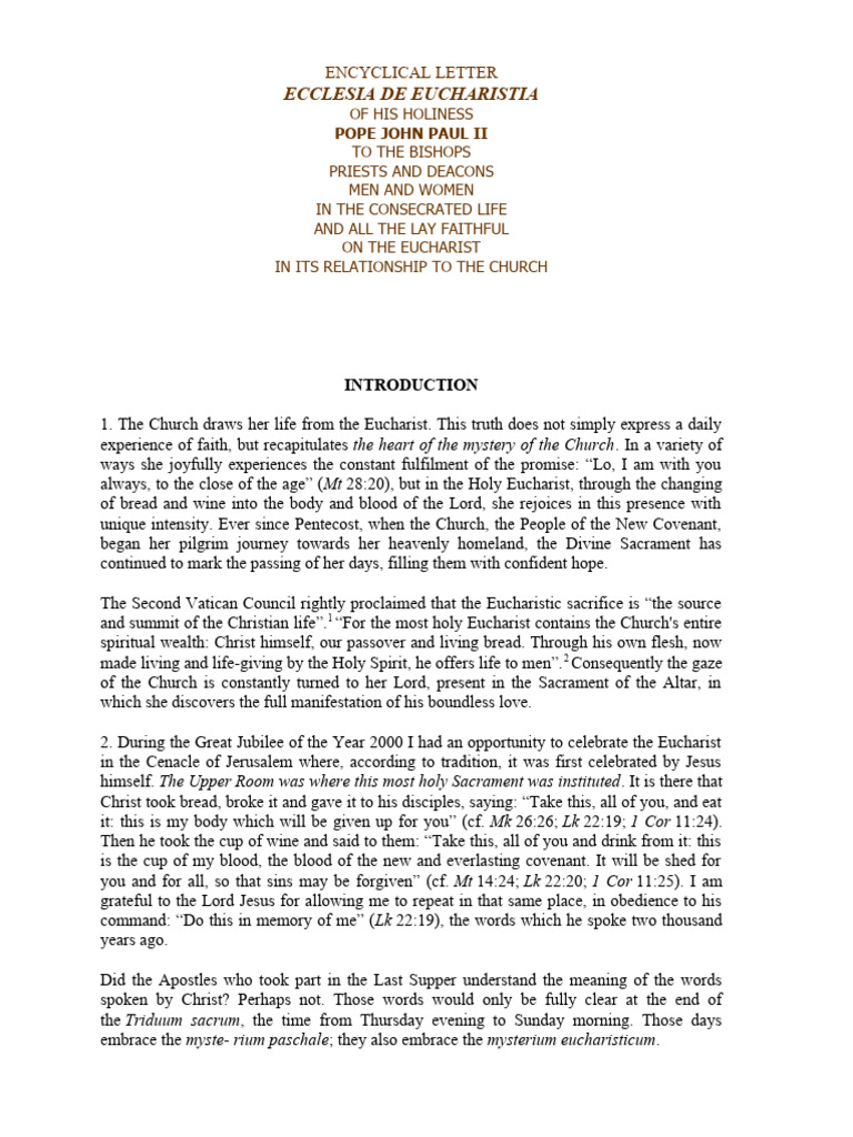 Ecclesia de Eucharistia | Download Free PDF | Eucharist | Catholic Church