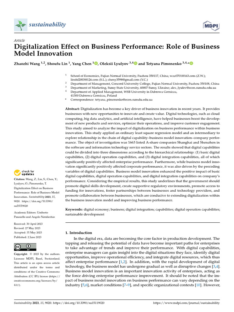 Digitalization Effect On Business Performance Role of Business Model Innovation - 2023 - MDPI ...