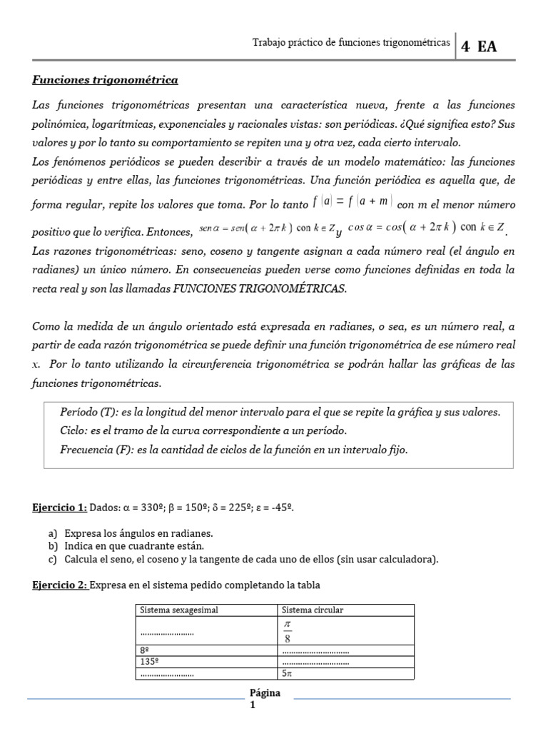 TP Func Trig 4° Ea | PDF | Trigonometría | Funciones trigonométricas