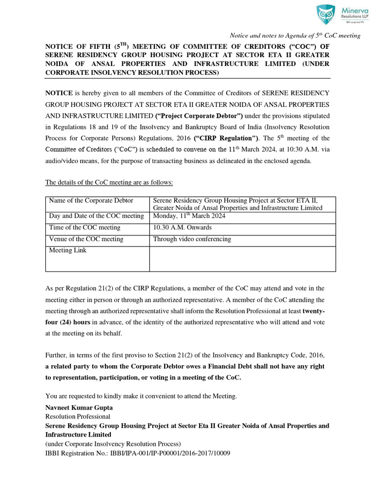 Ansal Serene - Notice & Agenda - 05th CoC Meeting | PDF | Bankruptcy | Creditor