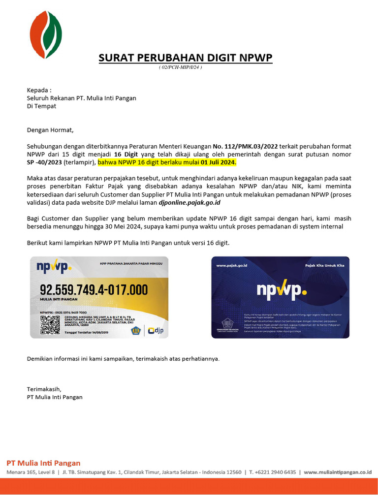 Perubahan Digit NPWP MIP - 1 | PDF