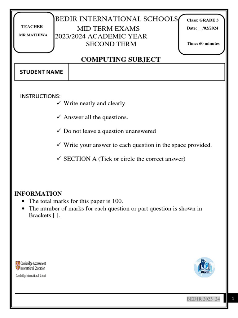 Grade 3 Computer Exams Mid Term 2 | PDF