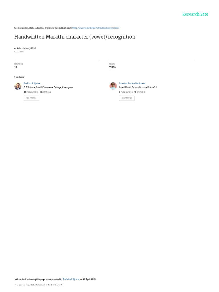 Handwritten Marathi Character Vowel Recognition | PDF