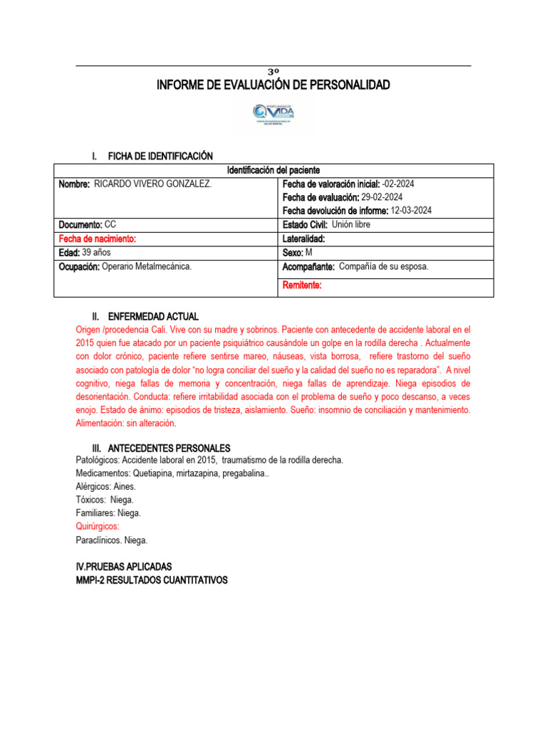 Informe - Personalidad - RICARDO VIVEROS | PDF | Depresión (estado de ...