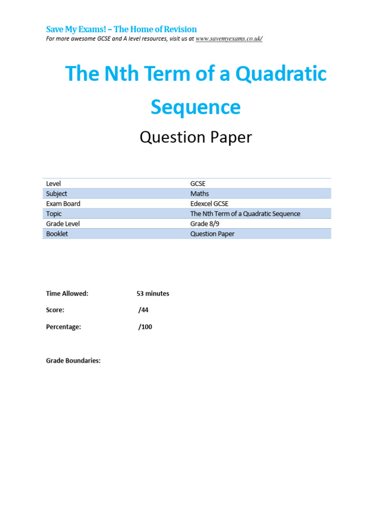 The NTH Term of A Quadratic Sequence | PDF | Educational Institutions ...