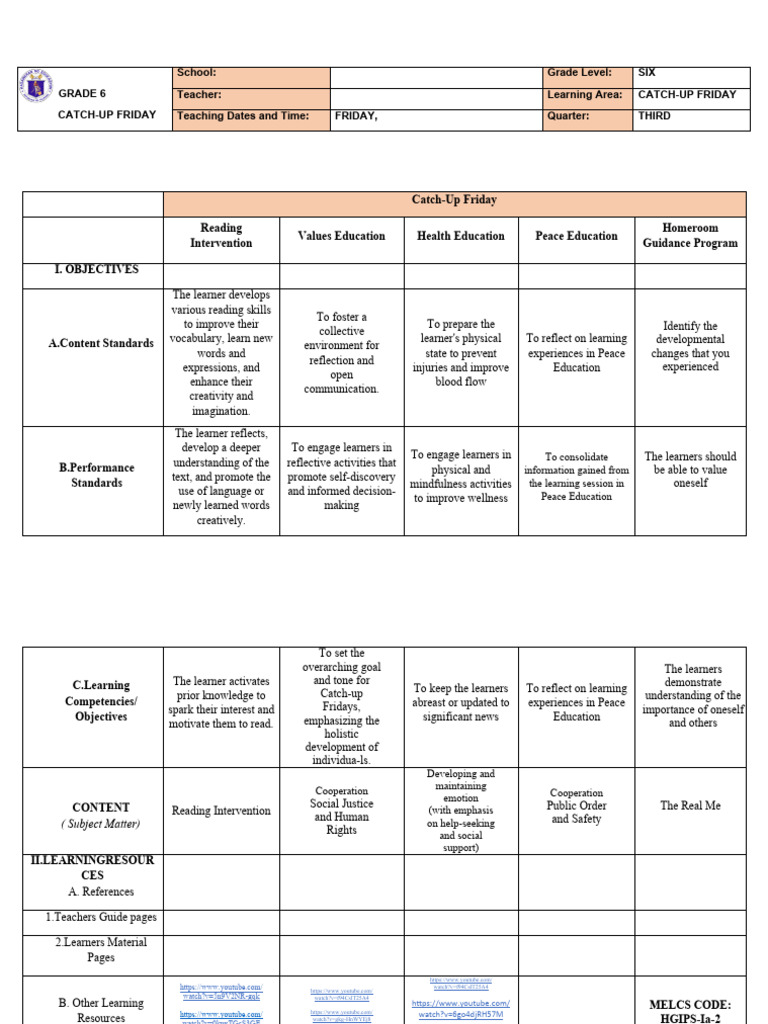 DLL Catch Up Friday Grade 6 | PDF | Learning | Cognition