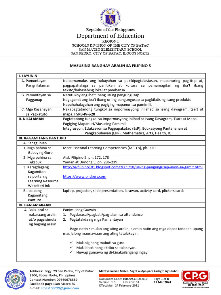 COT 1 - Filipino 5 LP | PDF