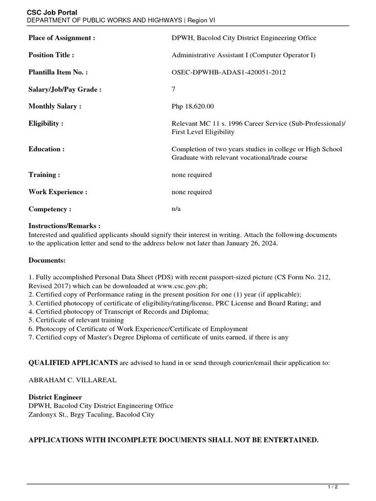 DEPARTMENT OF PUBLIC WORKS AND HIGHWAYS-Administrative Assistant I ...