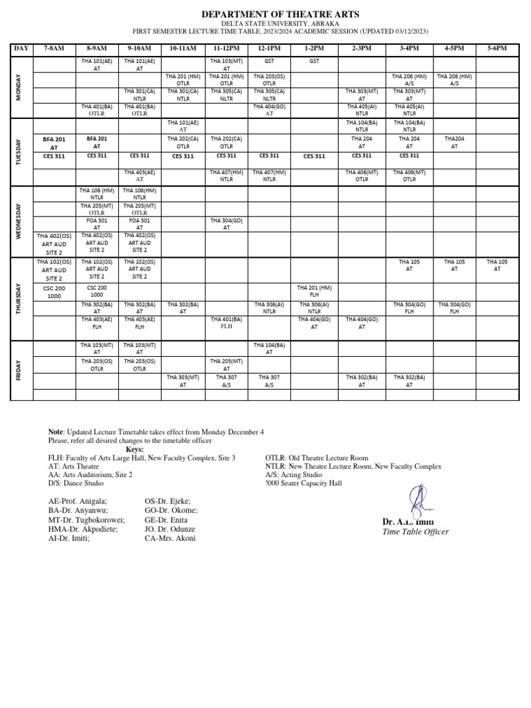 2023 2024 Updated First Semester Lecture Time Table | PDF 2023 2024 Updated First Semester Lecture Time Table | PDF