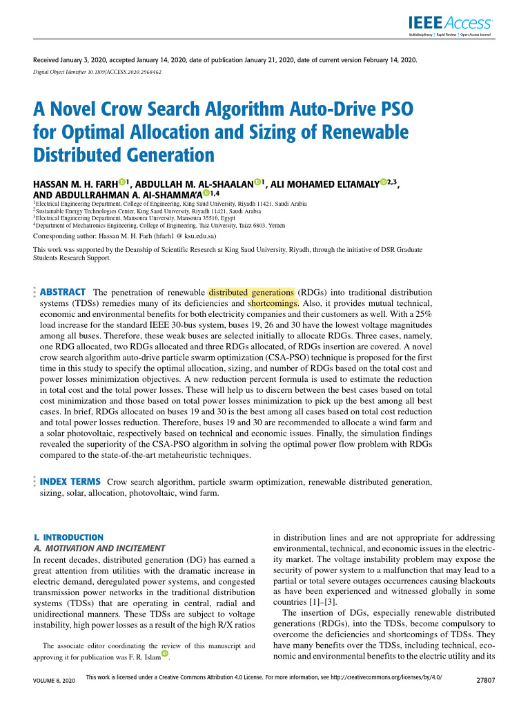 A Novel Crow Search Algorithm Auto Drive Pso For Optimal Allocation And Sizing Of Renewable