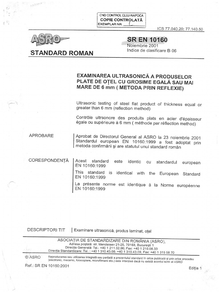 SR EN 10160 Examinare Ultrasonica A Produselor Plate de Otel.. | PDF