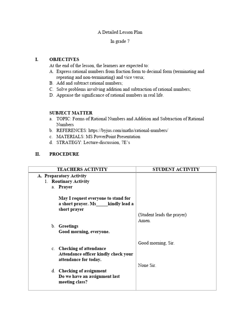 Lesson Plan on Rational Numbers | PDF | Numbers | Decimal
