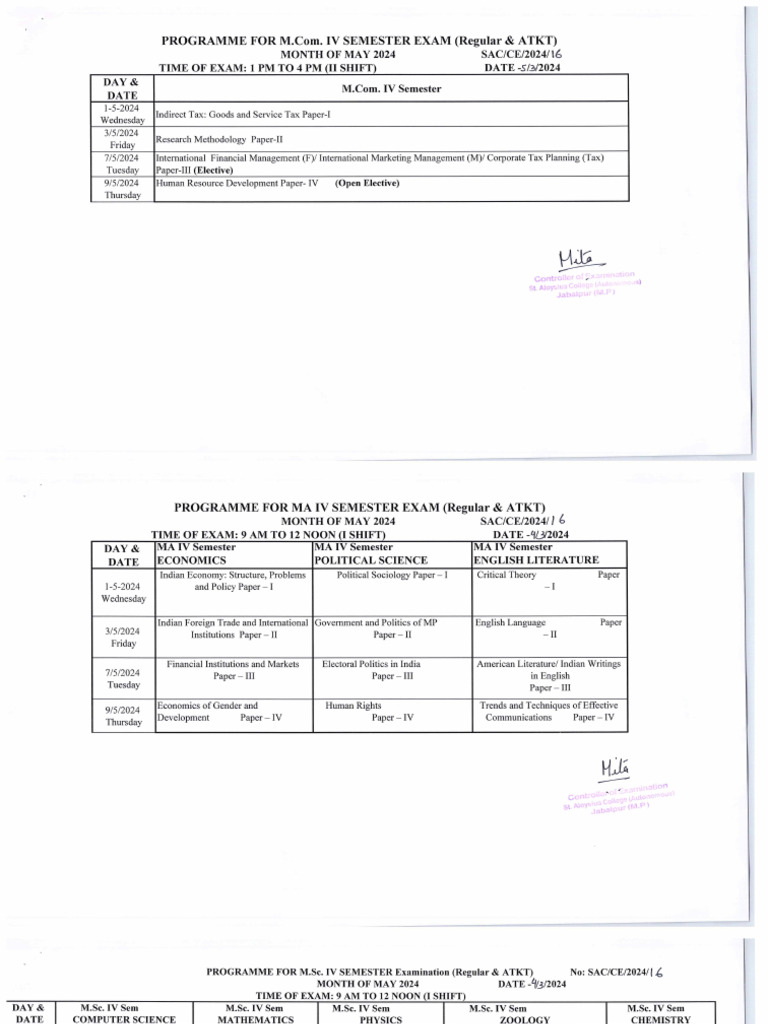 Revised Time Table Ii Iv Sem PG | PDF