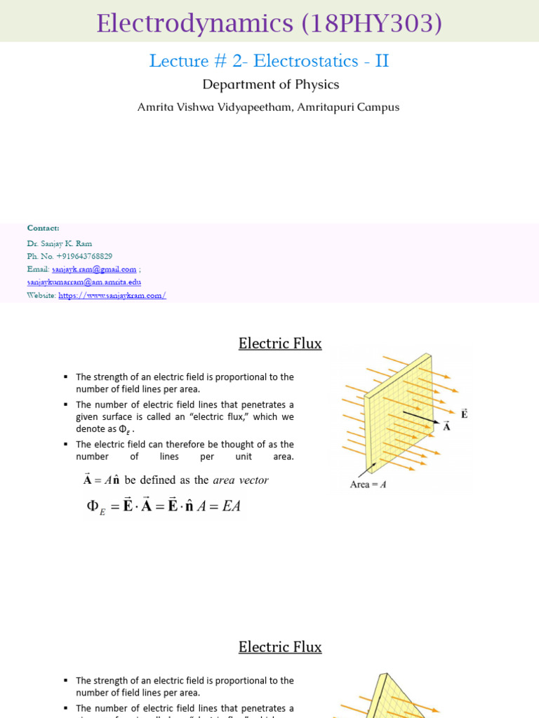 Lec 2 Electrostatics Ii 18phy303 Electrodynamics Pdf Flux Electric Field