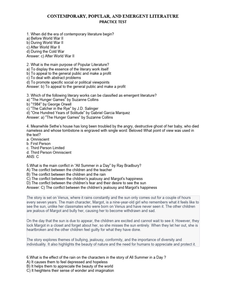 Practice Test - Contemporary Lit | PDF | To Kill A Mockingbird | Poetry