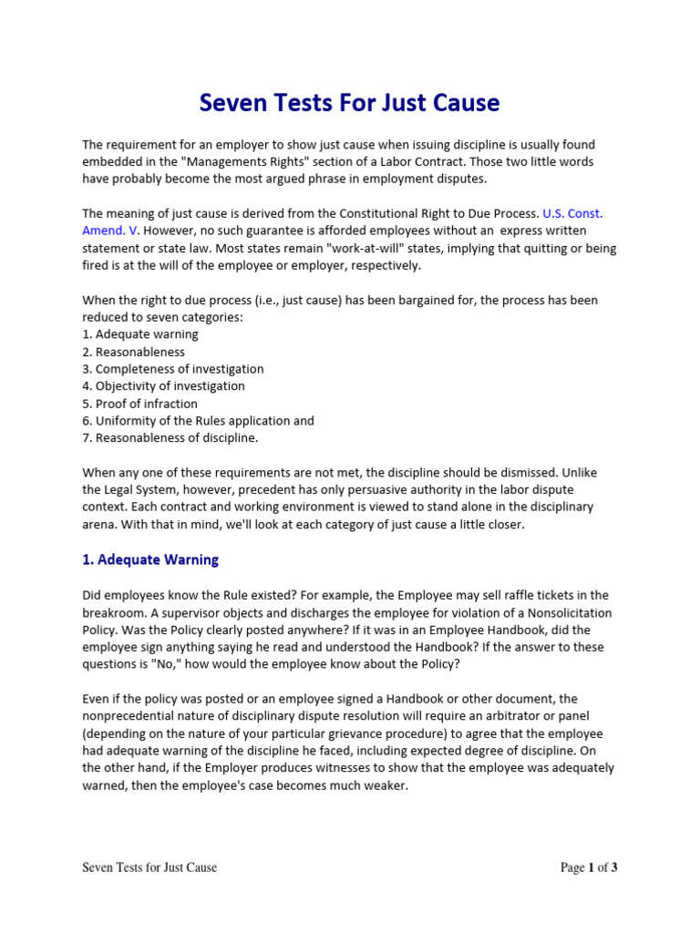 Seven Tests For Just Cause | PDF | Employment | Burden Of Proof (Law)