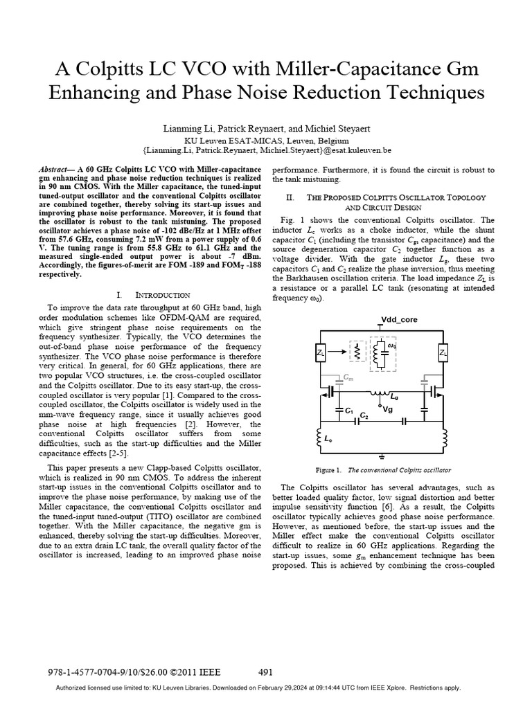 A Colpitts LC VCO With Miller-capacitance Gm Enhancing and Phase Noise ... A Colpitts LC VCO With Miller-capacitance Gm Enhancing and Phase Noise ...