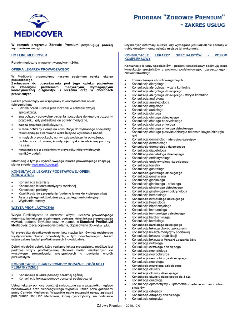 Medicover Zakres Szczegółowy Zdrowie Premium | PDF