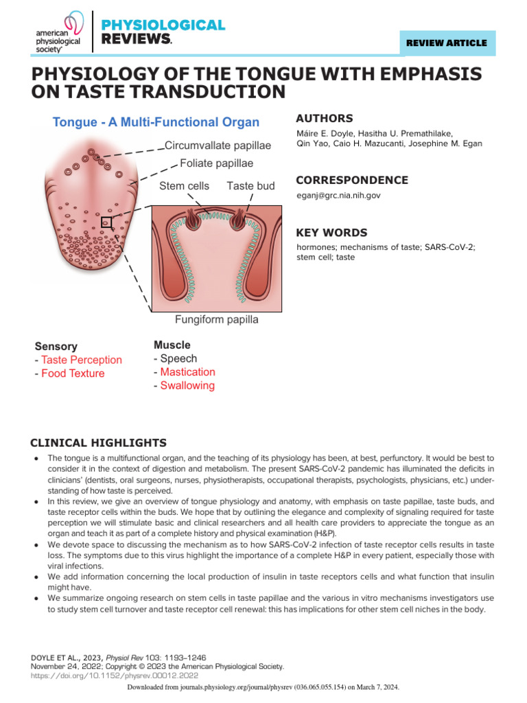 Physiology of The Tongue With Emphasis On Taste Transduction | PDF | Tongue | Taste