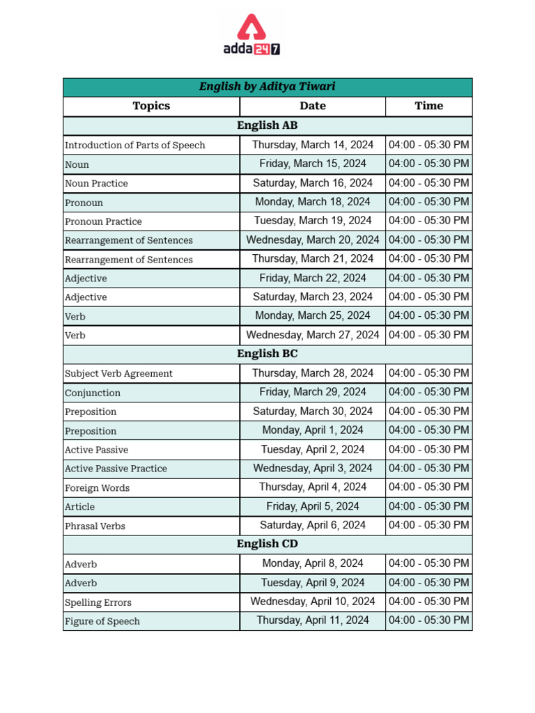 English Grammar Course Schedule | PDF