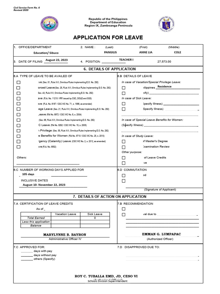 Anne Lias Application For Leave | PDF | Parental Leave | Sick Leave