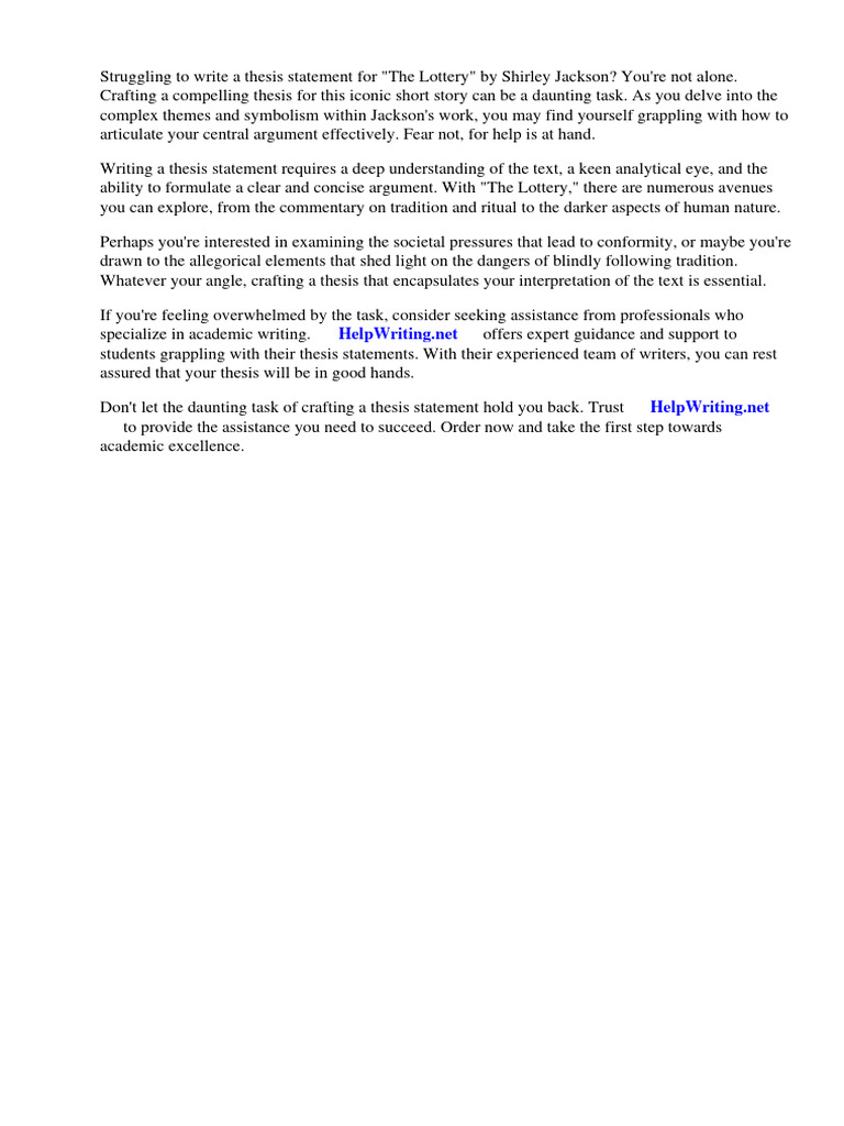 Thesis Statement Examples For The Lottery by Shirley Jackson | PDF | Thesis