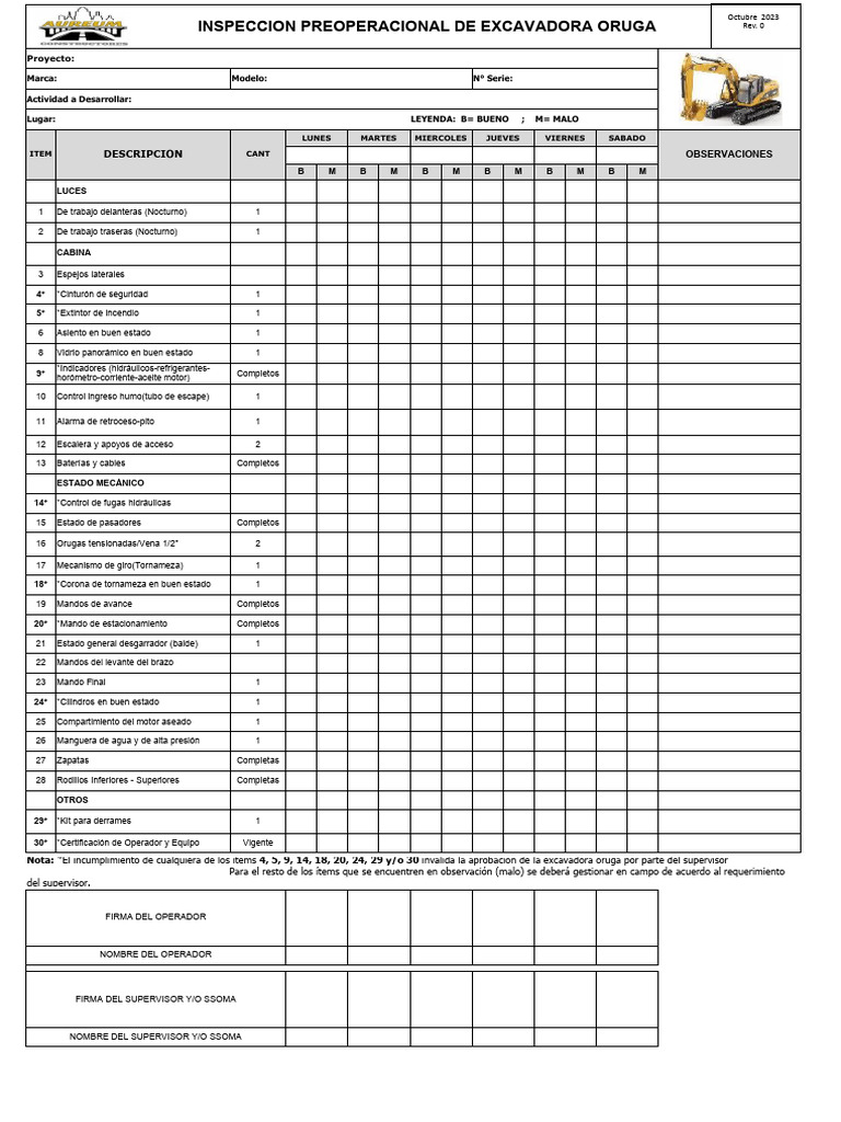 Formato de Inspección Pre Operacional de Excavadora Oruga | PDF