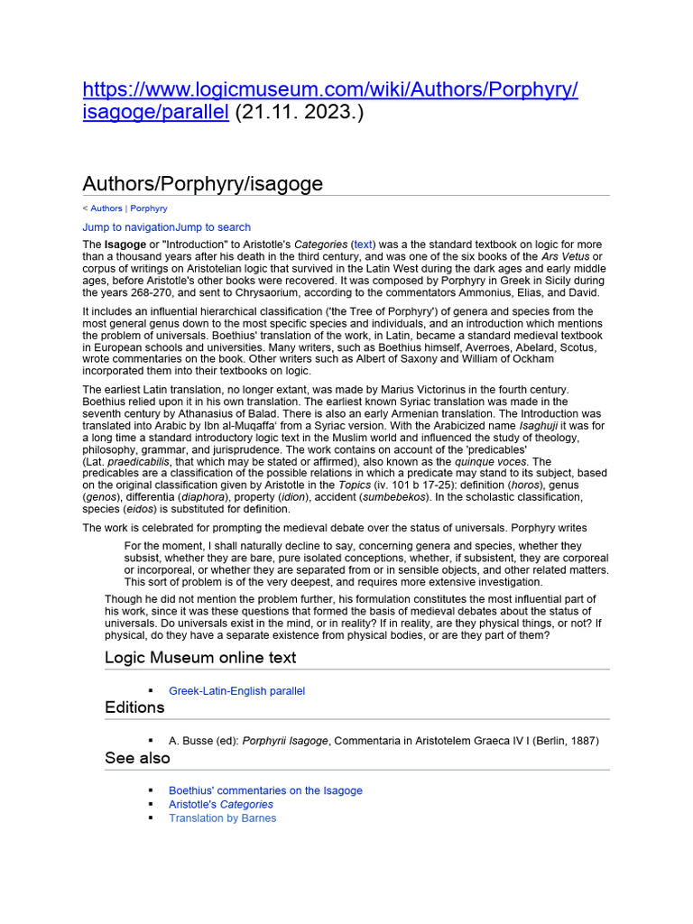 Porphyry's Isagoge: Logic Introduction | PDF | Works | Religious Texts