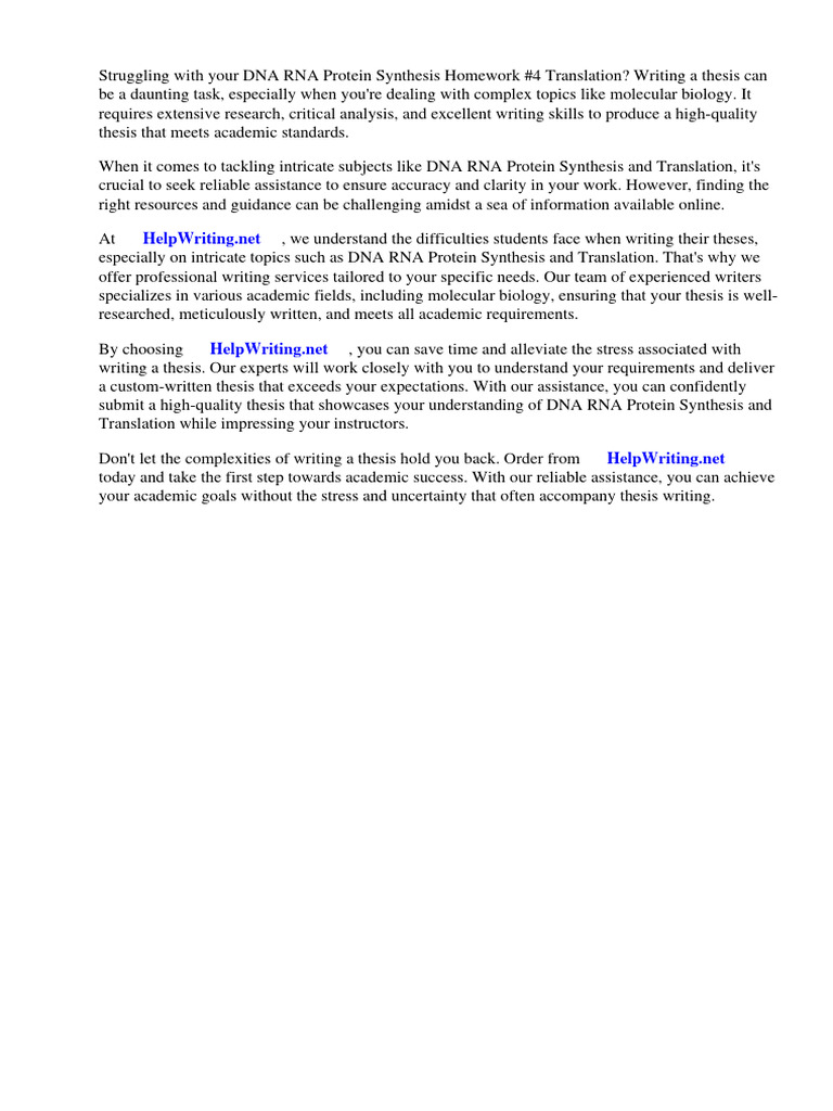Dna Rna Protein Synthesis Homework 4 Translation | PDF