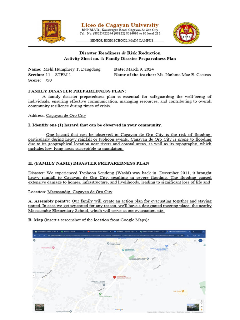 Mehl Humphrey Daugdaug - W4 Family Disaster Preparedness Plan | PDF