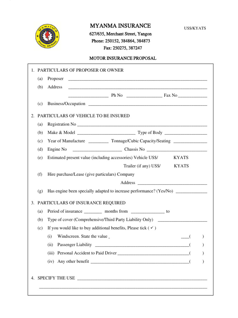 Motor Insurance Proposal Form | PDF | Finance & Money Management