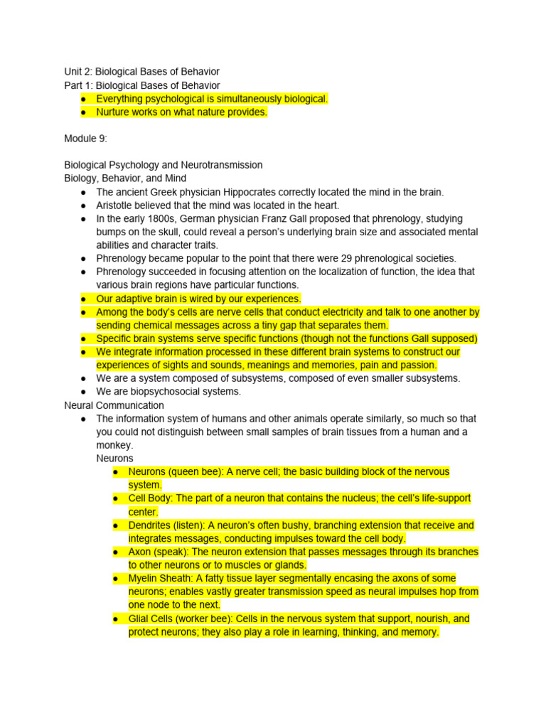 Unit 2 - Biological Bases of Behavior | PDF | Neurotransmitter | Action ...