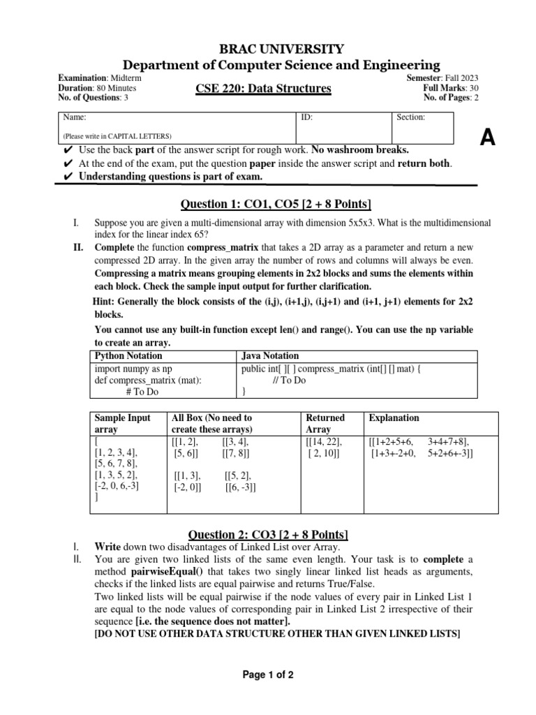 CSE 220 Midterm Exam Fall 2023 | PDF | Matrix (Mathematics) | Software Engineering