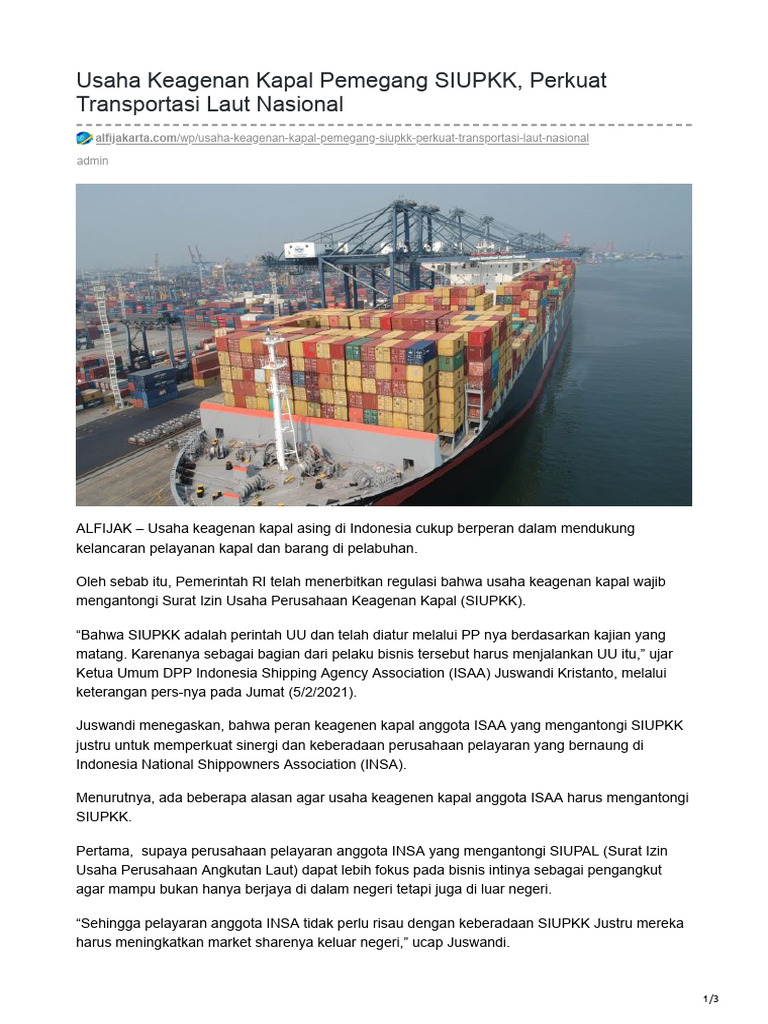 Usaha Keagenan Kapal Pemegang SIUPKK Perkuat Transportasi Laut Nasional ...