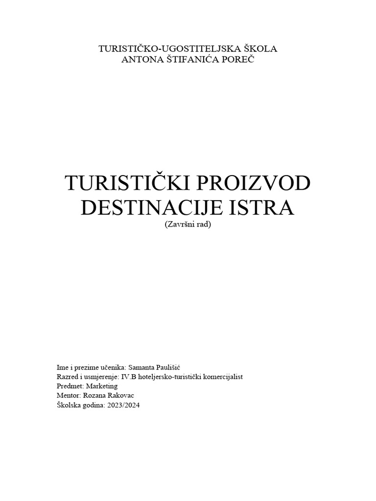 Turistički Proizvod Destinacije Istra | PDF