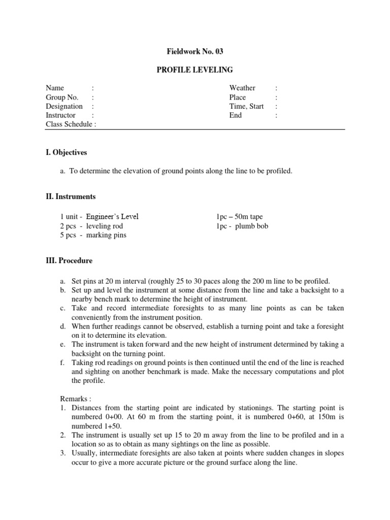 Profile Leveling Fieldwork Guide | PDF | Observational Error | Field ...