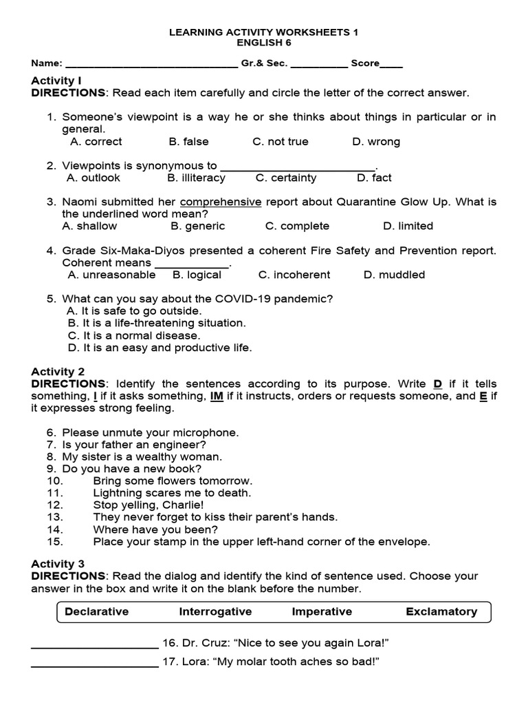 QTR 3 - LEARNING ACTIVITY WORKSHEETS 1 | PDF