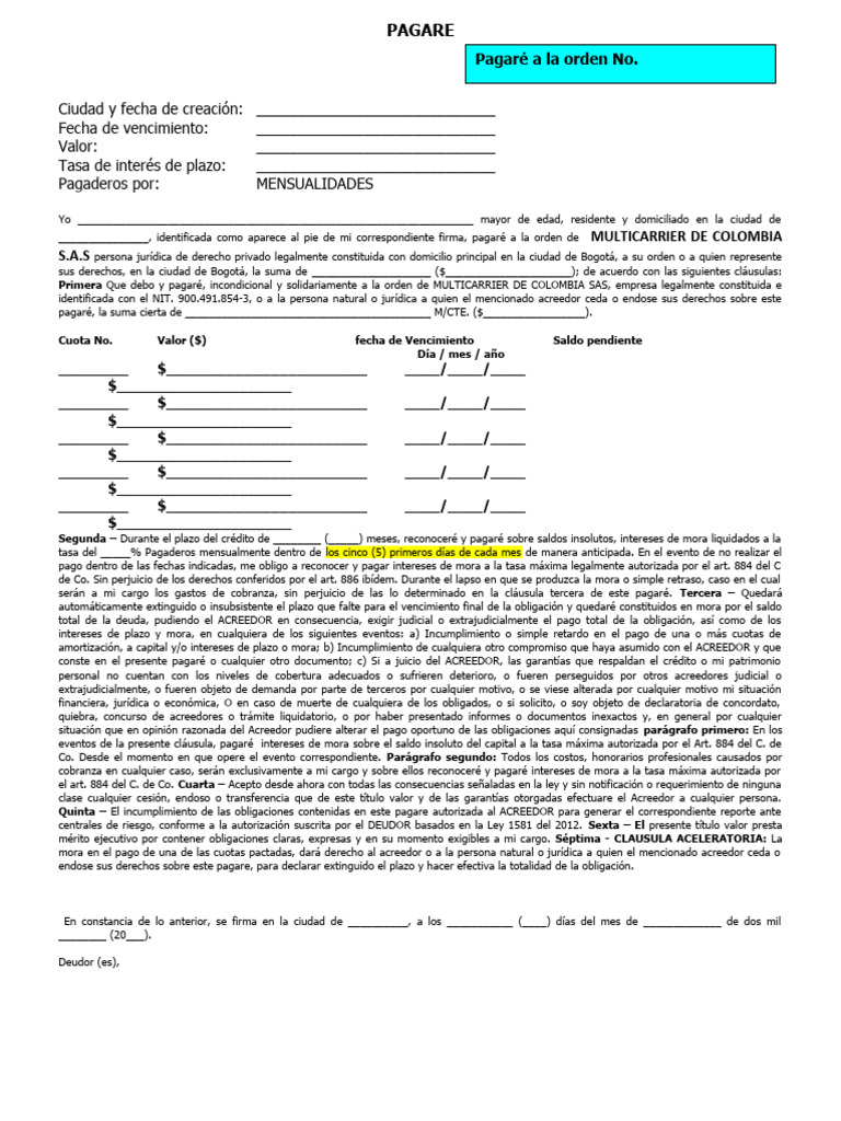 Modelo de Pagaré para Multicarrier | PDF | Deuda | Responsabilidad ...