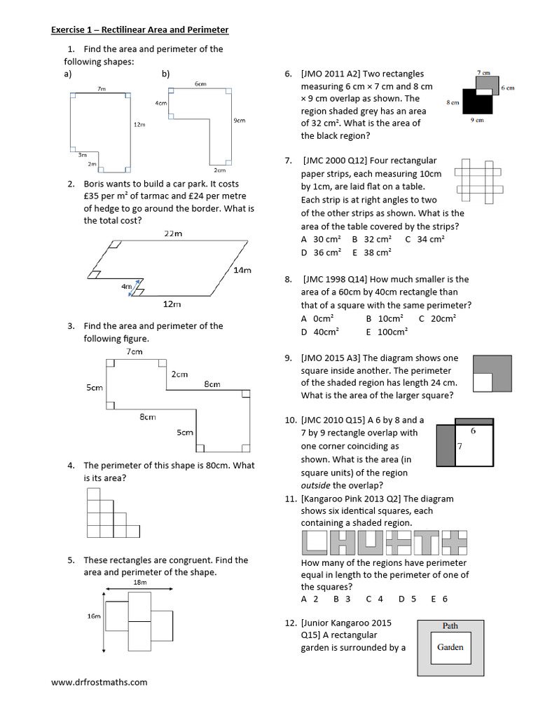 Area and Perimeter Exercises for Grades 6-7 | PDF | Area | Rectangle