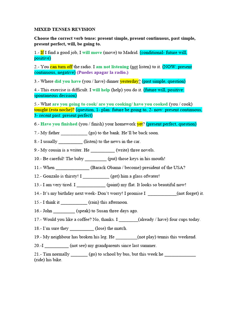 A2 Mixed Tenses Revision Exercises | PDF
