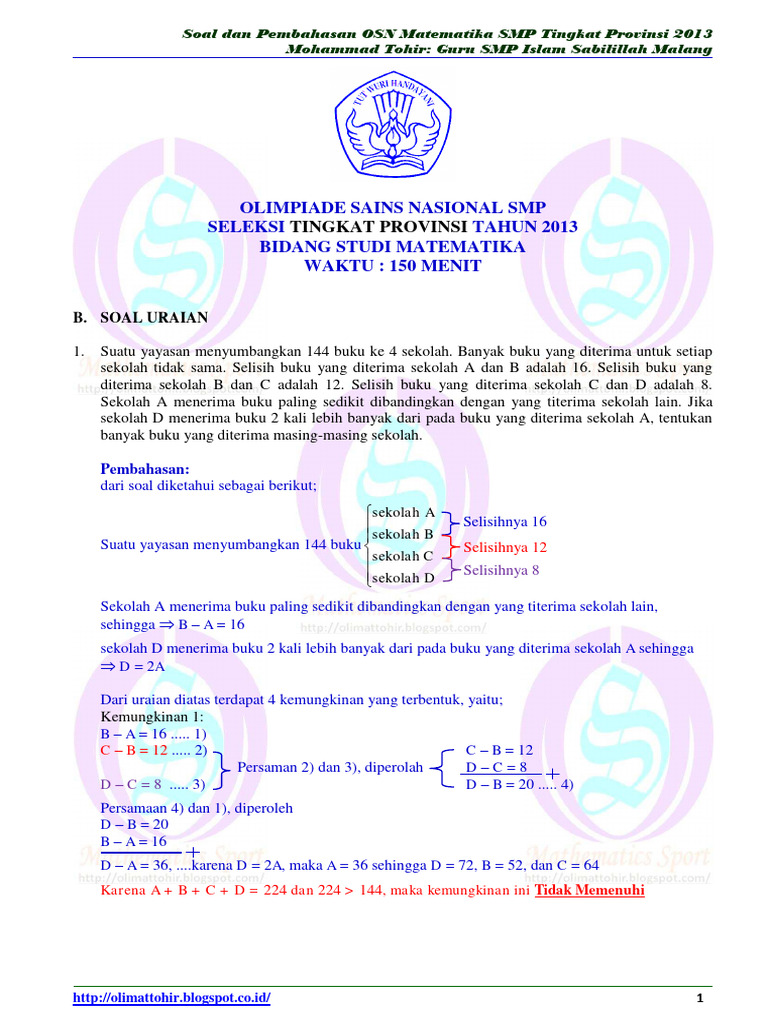 (123dok - Com) Soal Dan Pembahasan Osn Matematika SMP Tingkat Provinsi 2013 Bagian B | PDF
