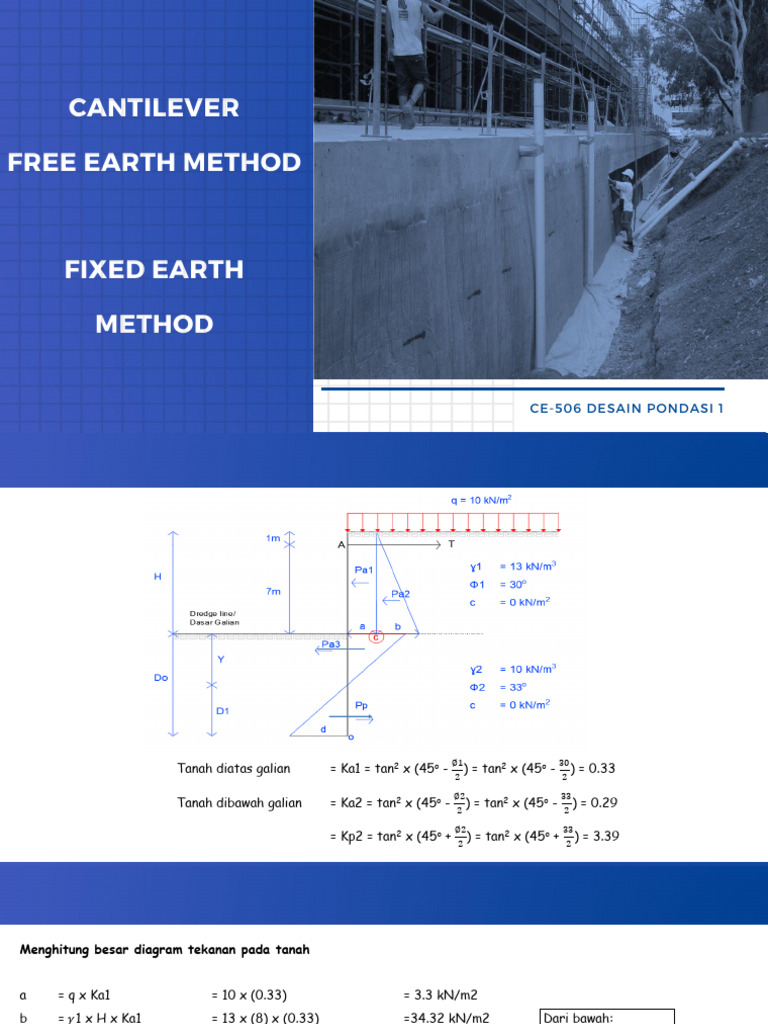 CE-506-Contoh Cantilever Free Earth Method - Fixed Earth Method | PDF