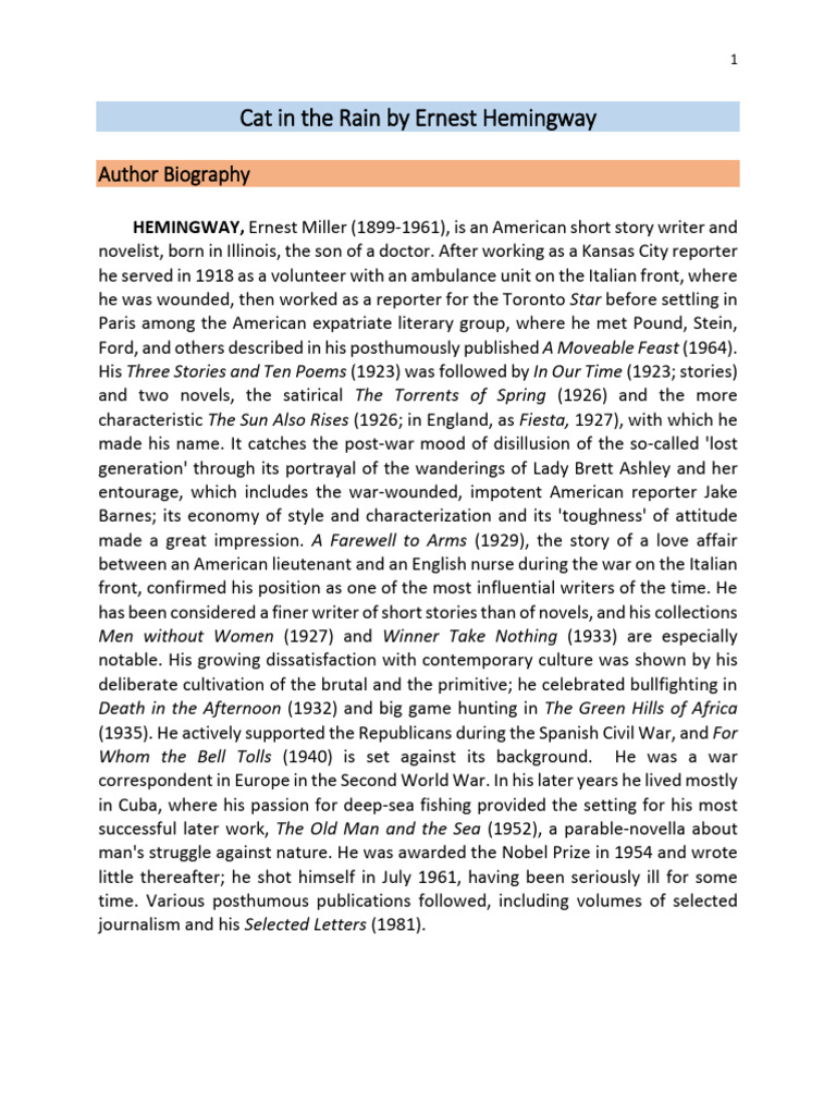 Cat in The Rain by Ernest Hemingway: Author Biography | PDF