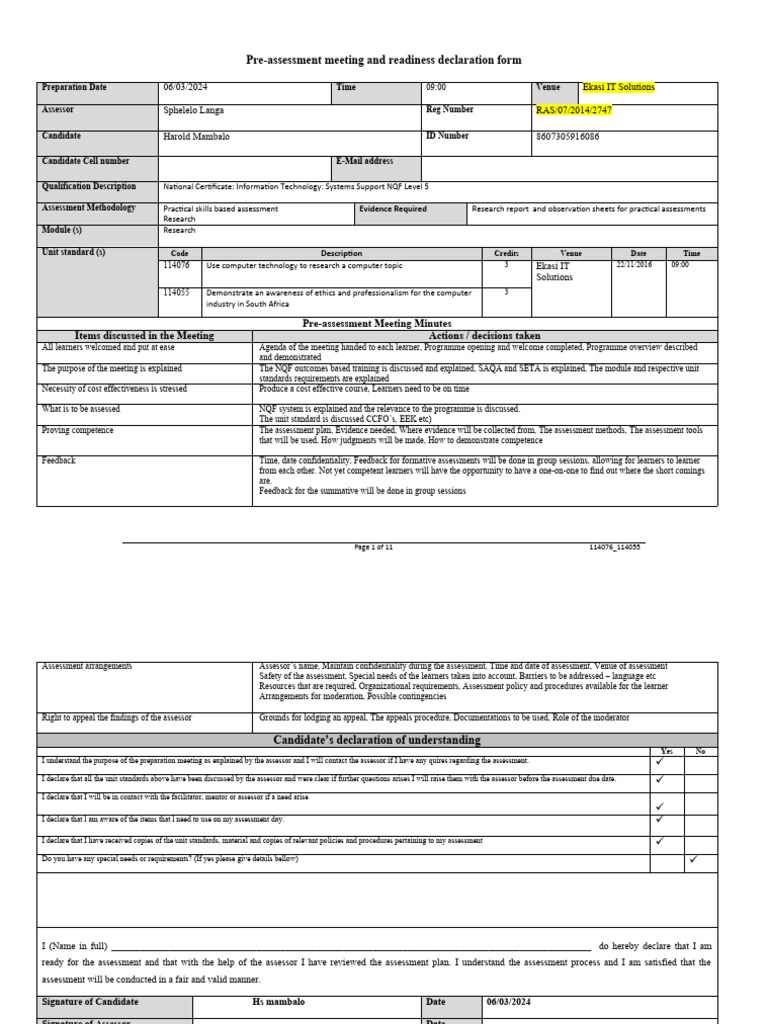 Pre-Assessment Meeting Overview | PDF | Data | Mentorship