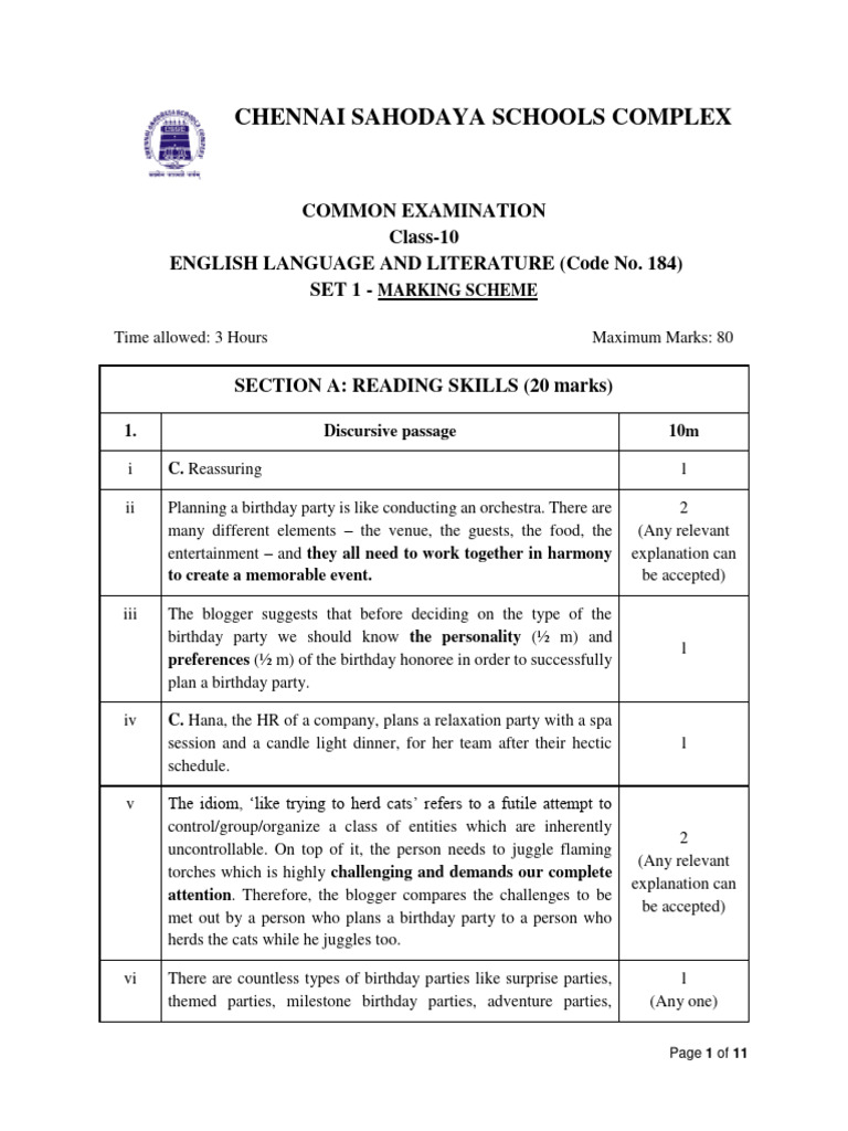 CSSC-Class 10 Eng (184) - Set 1 MS | PDF | Camping