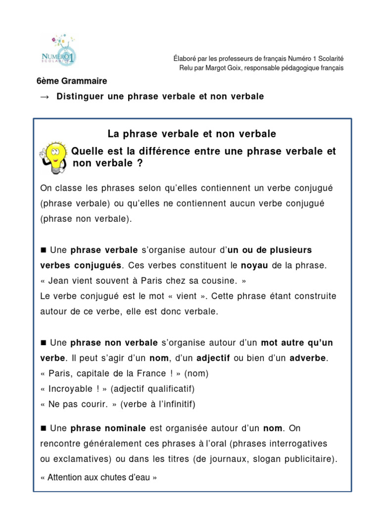 6eme Grammaire Phrase Verbale Et Non Verbale | PDF