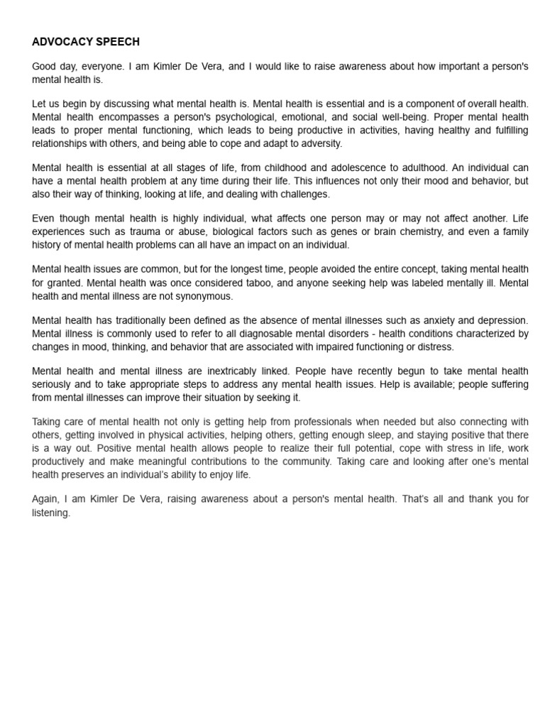 Advocacy Speech Mental Health | Download Free PDF | Mental Health ...